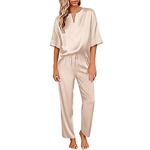 Ekouaer Satin Pajama Set Womens Silk Short Sleeve V Neck Shirt with Long Pant Soft Loungewear Pjs Set Champagne