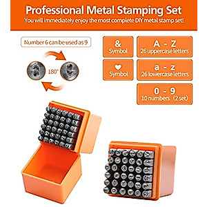 Metal Stamping Kit, DkOvn Complete Jewelry Making Stamping Tools with 74pcs 1/8” (3mm) Artistic Font Uppercase & Lowercase Letter and Number Punch, Metal Stamping Jig, Hammer and Steel Bench Block