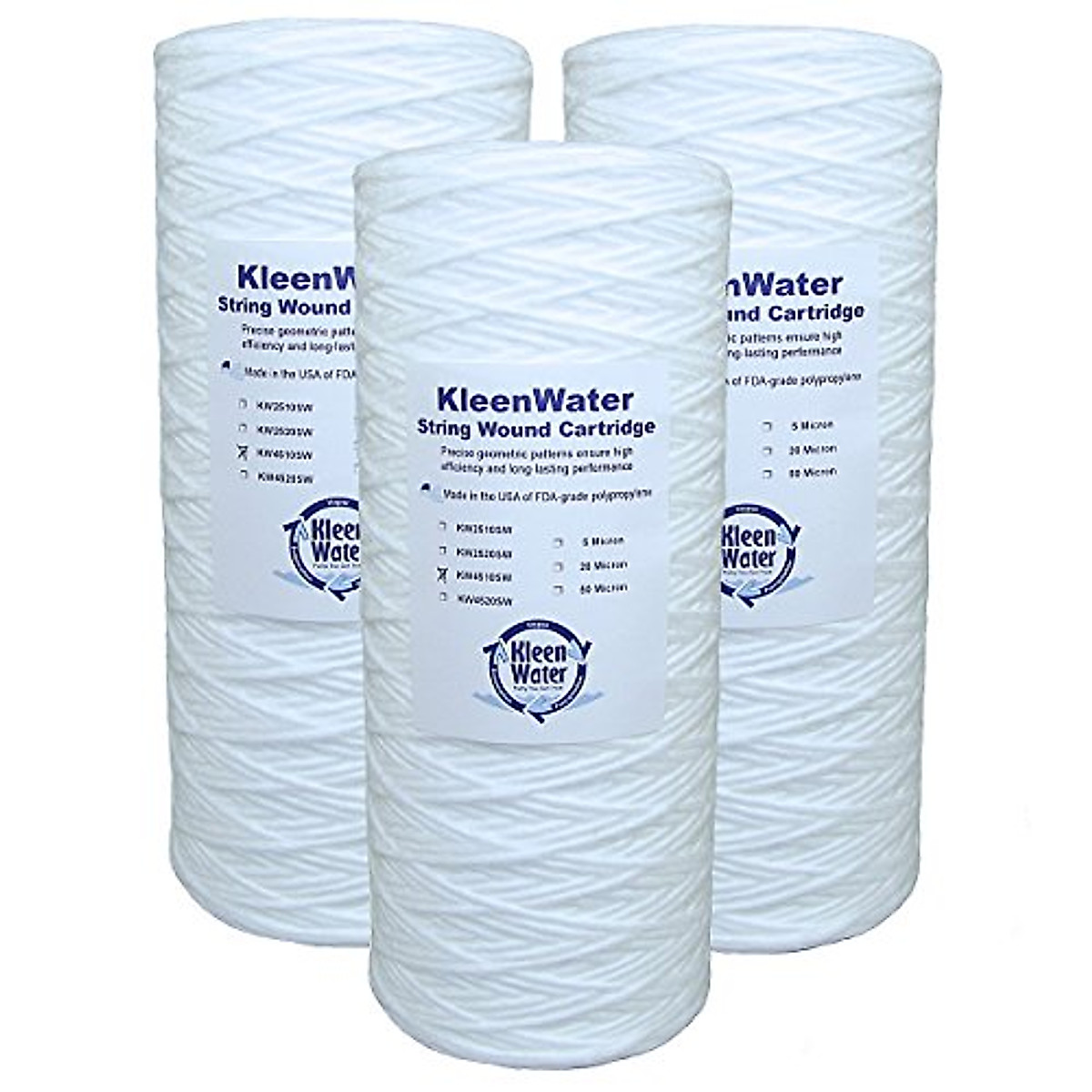 KleenWater 4.5 x 10 Inch String Wound Water Filter Cartridges, 20 Micron, Compatible with Aqua-Pure AP814, Pentek WP5BB97P, Made in the USA