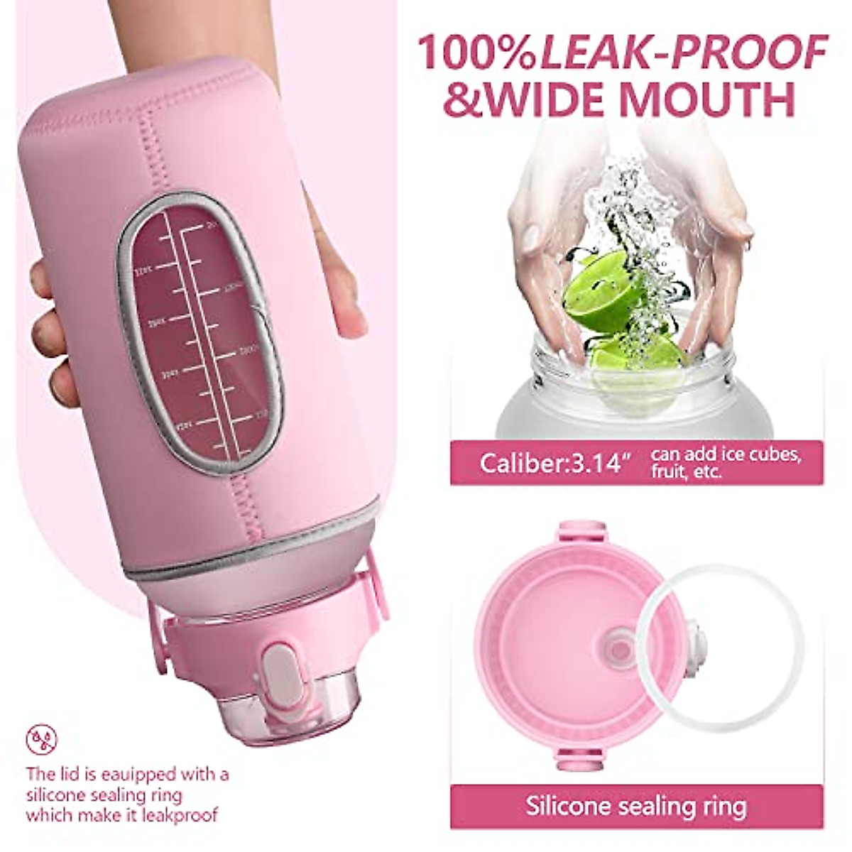 kytffu 64oz Glass Water Bottles with Straw, Half Gallon Motivational Time Marker Water Bottle Glass with Neoprene Sleeve, 2L Leakproof Large Glass Water Jug for Gym,Pink