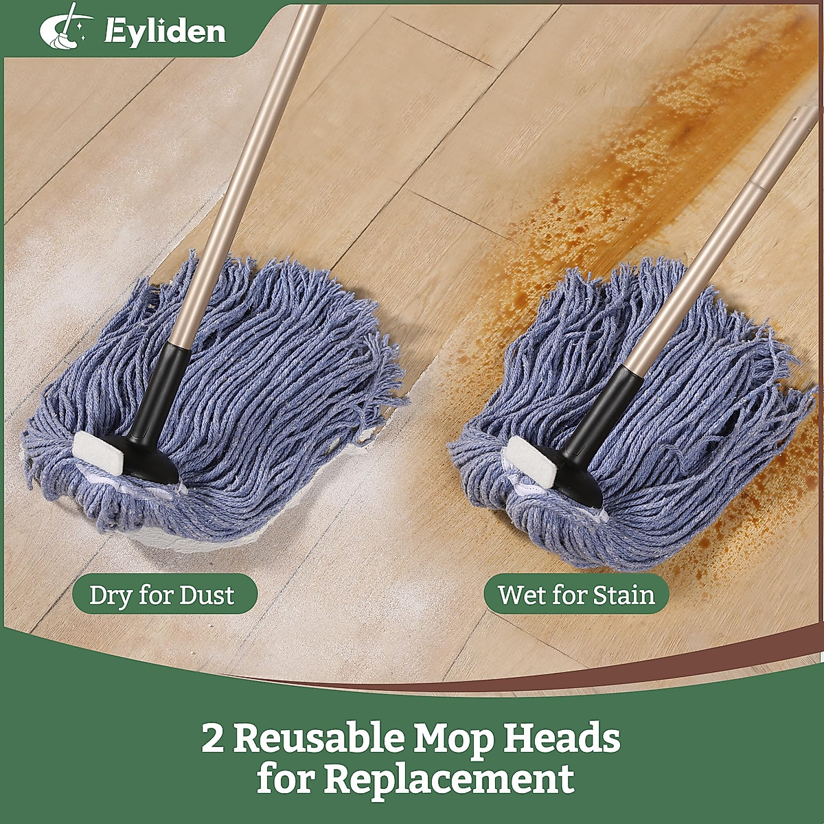Eyliden String Mop with 2 Reusable Heads, Non-Touch Replacement Mops for Floor Cleaning, 4 Scouring Pads Adjustable Handle Floor Mop, Wet and Dry Cotton Mop for Any Surfaces, Commercial Home, Blue