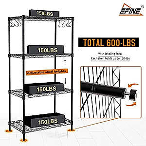 EFINE 4-Shelf Shelving Unit with 8 Hooks, Adjustable, Carbon Steel Wire Shelves, 150lbs Loading Capacity Per Shelf, Units and Storage for Kitchen Garage (23.6W x 14D 47H) Black, S100-4B, 1-Pack