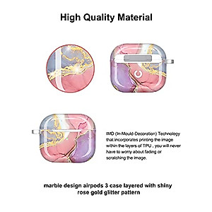 JIAXIUFEN Case Designed for AirPods 3 Case Cover Sparkle Glitter Marble Full Protective TPU Skin Accessories for Women Girl with Keychain Compatible with Airpods 3rd Generation Case - Pink Purple