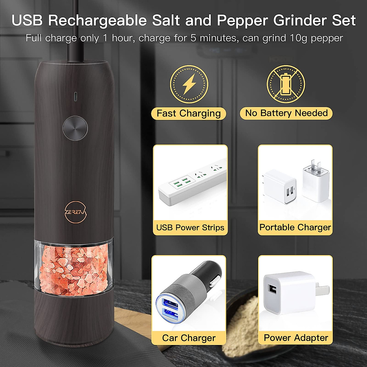 Electric Salt and Pepper Grinder Set - Rechargeable USB Cable, LED Lights, Automatic Pepper and Salt Mill Grinder Set Refillable, Adjustable Coarseness, One Hand Operation (Black Brown 2 Pack)