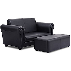 Costzon Kids Couch with Footstool, 2 in 1 Double Seat Children's Sofa w/PU Leather Surface, Armrest Chair Lounge for Preschool Bedroom Kids Room Toddlers Boys Girls Birthday (Black)