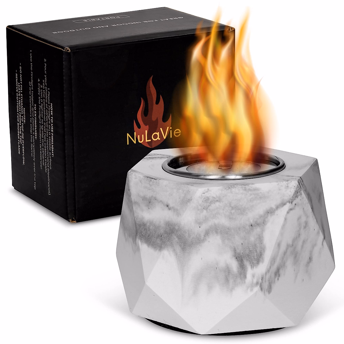 Hexagonal Concrete Tabletop Fire Pit - Indoor/Outdoor Smokeless Fire Pit with 2 Stainless Steel Chambers Burns Rubbing Alcohol, Bio Ethanol Fuels - Table Top Fire Pit Bowl/Mini Tabletop Fireplace