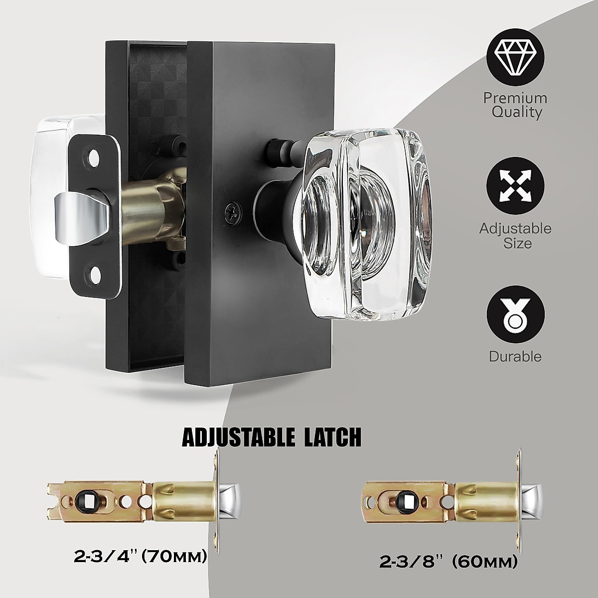 HIEMEY Glass Door Knobs Interior with Lock, Crystal Modern Privacy Door Knob for Bedroom Bathroom, Matte Black