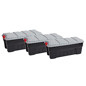 Rubbermaid Pack & Go 16 Gal Storage Tote, Durable Design and Easy to Transport, Built-In Handles, Tie Down Channels and Lockable Snap Tight Lid, Black Base with Gray Lid and Red Handles, Pack of 3