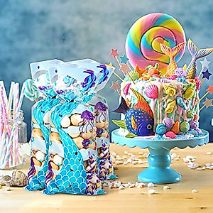 100 Pieces Mermaid Party Favors Bags Birthday Party Treat Bags Cellophane Clear Mermaid Tail Theme Cookie Candy Goodie Bags with 100 Silver Twist Ties for Under the Mermaid Sea Birthday Supplies