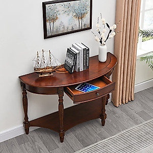 Solid Wood Semi-Circle Sofa Table with Drawer, 45.3" Traditional Living Room Console Table with Open Bottom Shelf 2-Tier Vintage Elliptical Entry Table for Home Office,Cherry Walnut SFZ1533
