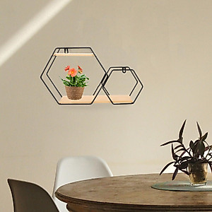 Uonlytech Hexagonal Storage Rack Metal Wall Shelf Wood Wall Shelves Hexagon Shelves for Wall Floating Shelves for Plants Metal Shelf Metal Floating Shelf Wall Shelves Wood Wall Shelving