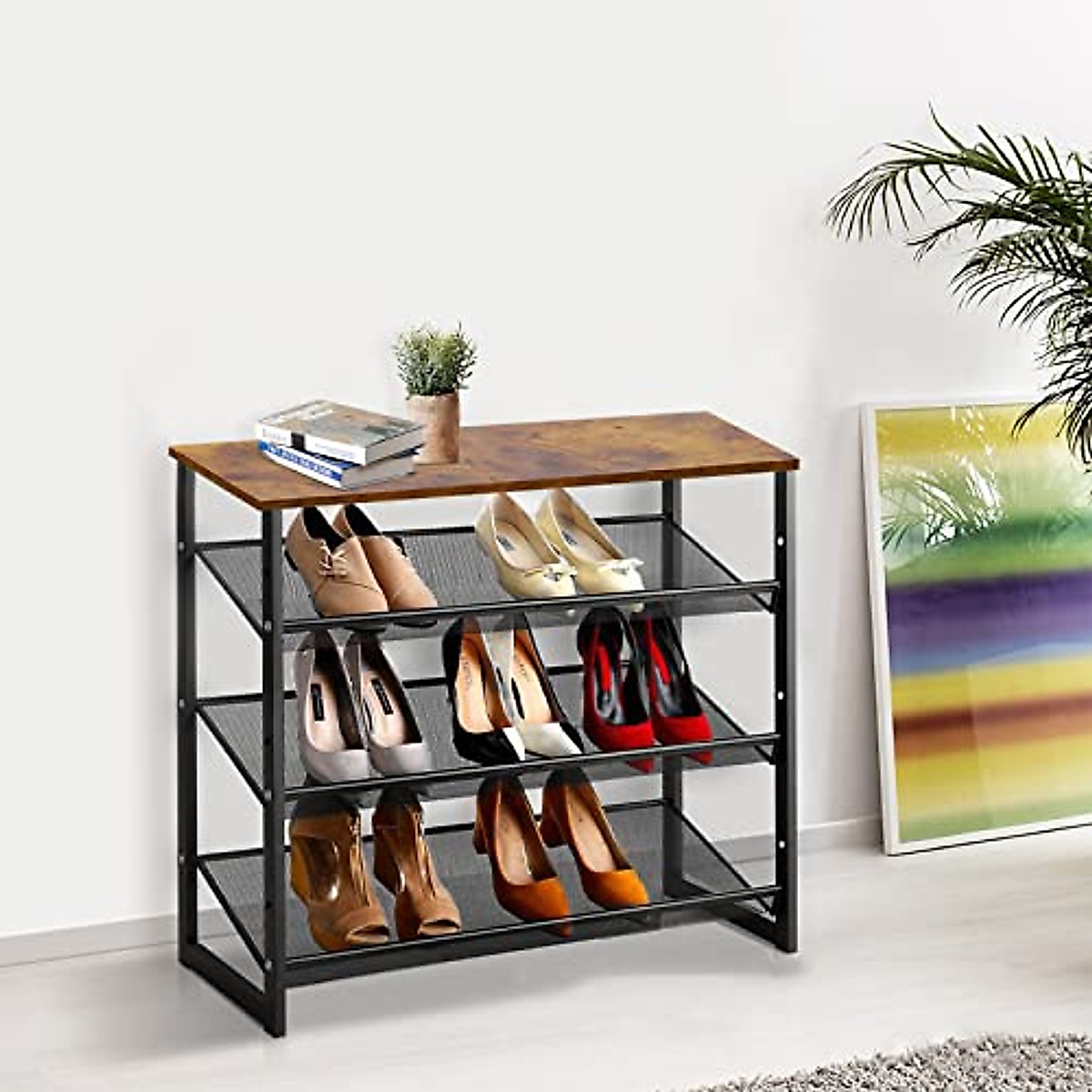 aboxoo 4-Tiers Shoes Rack Tilting Adjustable Freestanding Shoe Rack Large 9 Pairs 25.2 IN Storage Organization Brown Wood Metal For Entryways, Hallways, Closets, Dormitory Rooms, And Industries