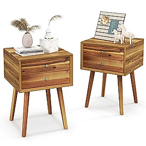 Giantex Nightstand with 2 Drawers Set of 2, Mid Century Modern Bedside Table with Solid Wood Legs, Practical End Side Table for Living Room Bedroom Small Space, Night Stand, Walnut