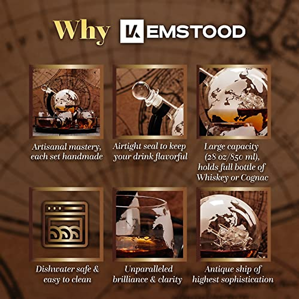 Kemstood Globe Whiskey Decanter Set - Etched World Design with Wooden Base & 4 Glass - Ideal for Dignified Drinking, Home Decor - Unique Whiskey Gifts for Men, Father - 850ml Capacity for Long Storage