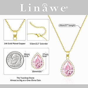 Linawe Pink Crystal Pendant, Gold Chain Imitation Diamond Cubic Zirconia Birthstone Rhinestone Teardrop Necklace, Preppy Bridal Wedding Bride Bridesmaids Boho Jewelry Set