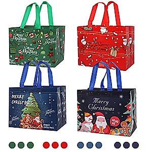 12 Pack Large Christmas Gift Bag Reusable Tote Bags with Handle, Non-Woven Grocery Shopping Totes Santa Claus Snowman Reindeer Bag for Holiday Xmas Event Party, 12.2" x 9.8" x 4.5"