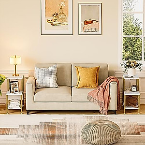 Snughome End Table with Charging Station, Narrow Side Table, 3 Tier Modern Nightstand with USB Ports and Outlet, Sofa Beside Table for Living Room, Bedroom，White and Gold