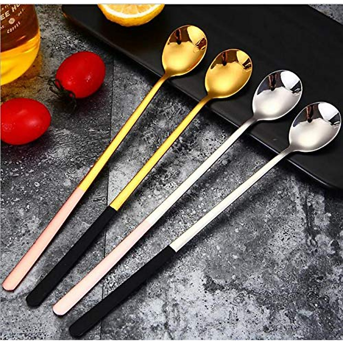 MBBITL 6-Pack Pink Silver 9" Ice Coffee Spoon Iced Teaspoon for Mixing Cocktail Stirring Tea Milkshake Cold Drink Stainless Steel