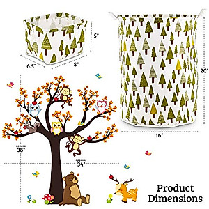 Shiny Blue Woodland Nursery Decor Set (4pce) Laundry Basket, 2 Small Storage Baskets & Forest Animal Wall Decal - Tree Print Laundry Hamper & Storage Bins - DIY Wall Decal Sticker - Woodland Decor