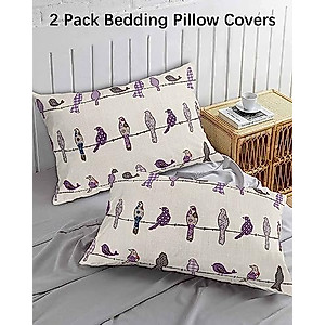 Edwiinsa Purple Grey Plaid Pillow Covers Standard Size Set of 2 20x26 Bed Pillow, Farmhouse Burlap Spring Floral Birds Plush Soft Comfort for Hair/Skin Cooling Pillowcases with Envelop Closure