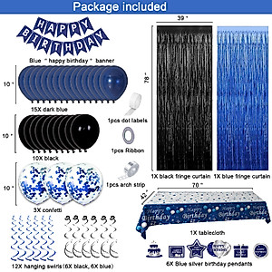 Blue and Black Birthday Decorations for Men Women Boys Girls,Happy Birthday Party Decorations with Happy Birthday Banner, Tablecloth and Fringe Curtains, Party Supplies for Bday Party Decor