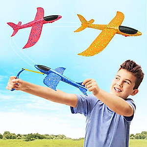 DC-BEAUTIFUL 3 Pack Upgrade 13.6" Airplane Toys, Throwing Plane 2 Flight Modes, Throwing Foam Airplanes with Rubber String Launch, Outdoor Sport Toy Party Favor Birthday Gift for Kids