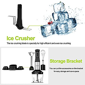 Immersion Blender 7 in 1 Hand Blender Ice Chopper 800W Heavy Duty Motor, 20 Speed and Turbo Mode Handheld Blender Stainless Steel Blade with Ice Crush Blade, Storage Bracket, 500ML Chopper, 600ML Mixing Beaker, Whisk, Milk Frother