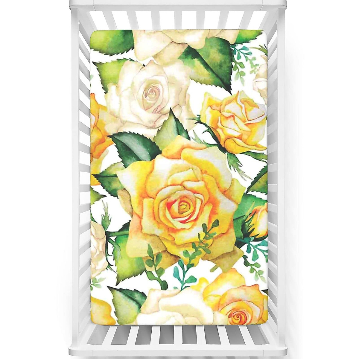 Rose Themed Fitted Mini Crib Sheets,Portable Mini Crib Sheets Soft and Breathable Bed Sheets-Crib Mattress Sheet or Toddler Bed Sheet,24“ x38“,Yellow Beige Green