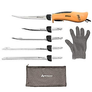 American Angler PRO Professional Grade Electric Fillet Knife Sportsmen's Kit – 110 Volt High Performance Ergonomic Motorized Handset with Five Kinds of Stainless Steel Blades, 32352DS
