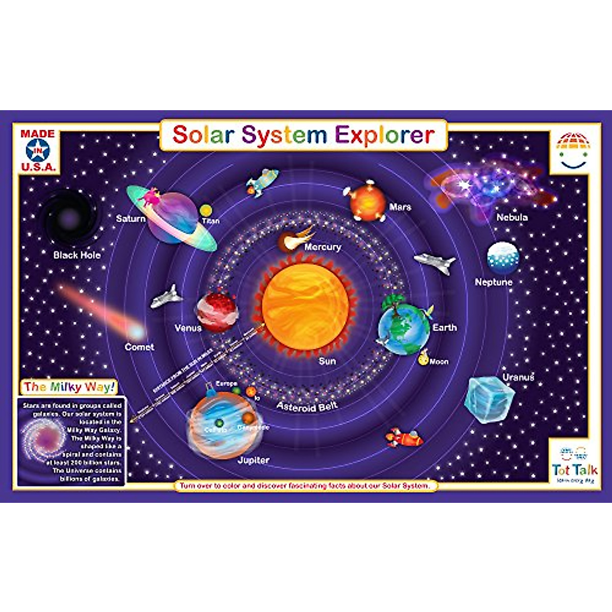 Tot Talk Solar System Educational Placemat for Kids – Made in USA – Durable, Double-Sided, Space Learning Placemat with Planet Facts & Quizzes – Waterproof, Wipeable, 17.5” x 11.5”