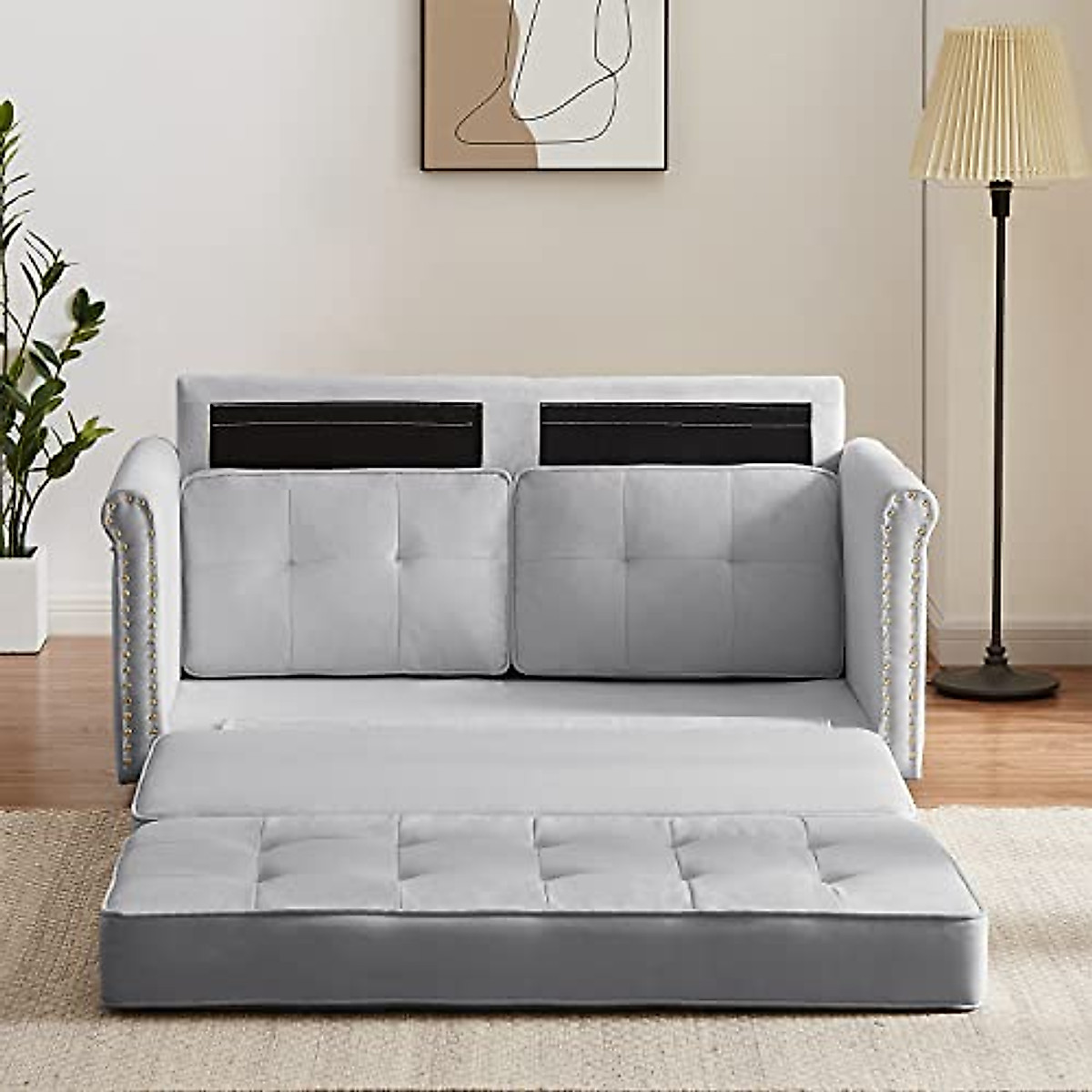 Antetek Loveseat Sleeper Sofa Bed, Modern Velvet Fabric Upholstered Futon Sofa Couch, Twin Floor Gaming Sofa, 54-inch Small Love seat, Foldable Lazy Recliner Sofa for Living Room Apartment, Grey