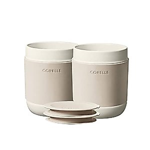 Corelle Stoneware 4-Pc Tumbler Set of 2 with Lids, Handcrafted Artisanal Travel Mug, Solid Glaze Stoneware, 13-1/2-Oz Travel Coffee Mug Set, Oatmeal