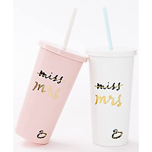 Kate Spade New York Acrylic Bridal Tumbler with Lid and Straw, 20 oz Tumbler for Bride to Be, Slim Double Wall Tumbler, Miss to Mrs. (Blush)