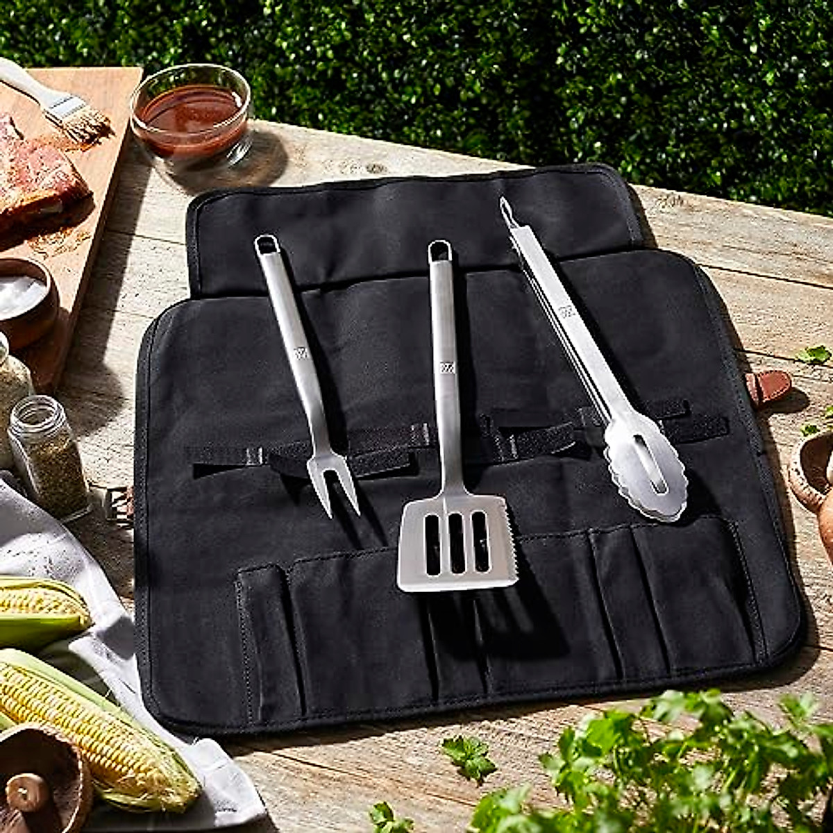 ZWILLING BBQ+ 4-pc Grill Tool Set, BBQ accessories, Grilling Gift Set, Set Includes Grill Spatula, Grill Tongs, Grill Fork and Chef's Tool Wrap, Stainless Steel, Dishwasher Safe