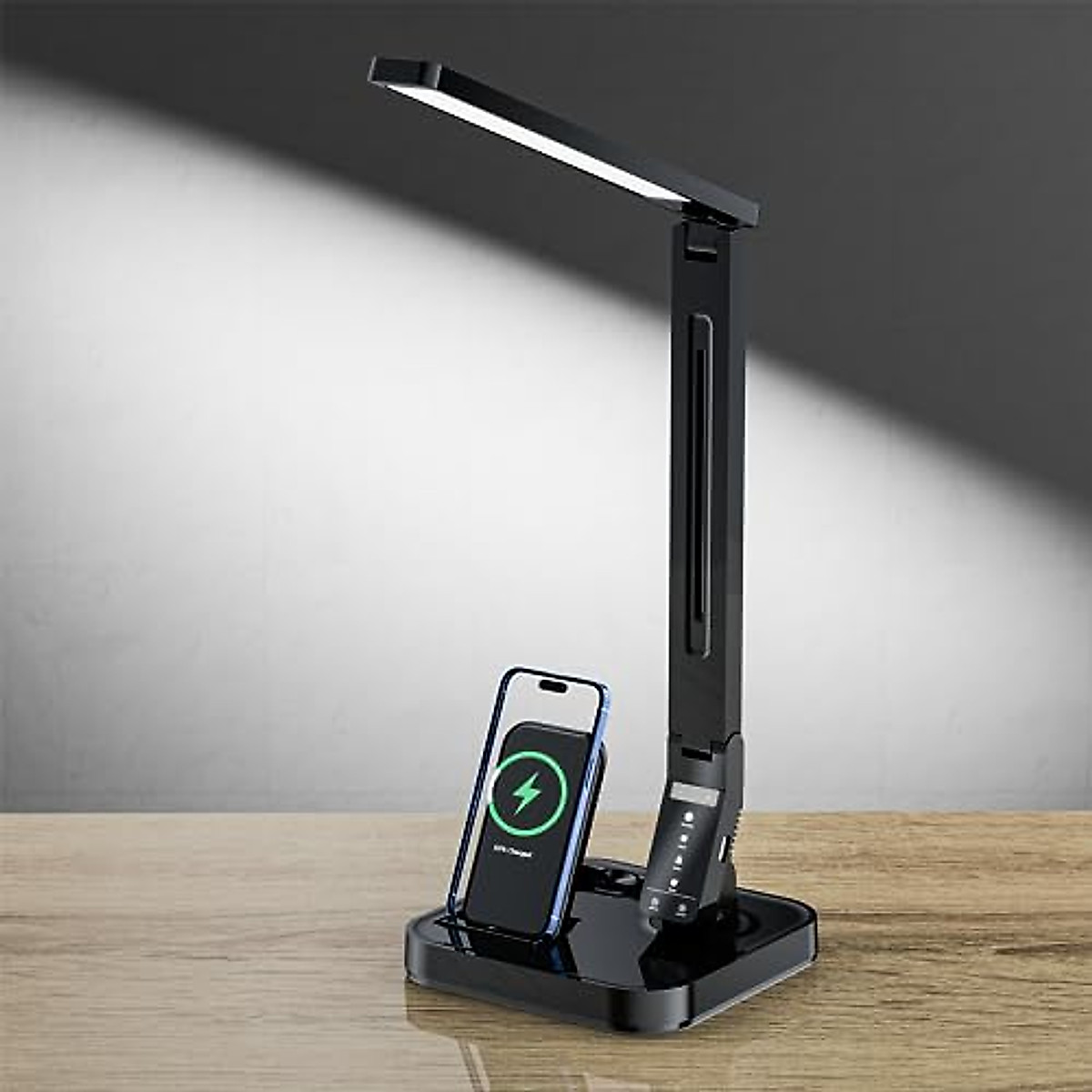 Ambertronix LED Desk Lamp, Patented Vertical Wireless Charger, 14W, 530 Lumens, Table Lamp with USB Charging Port, Dimmable Eye-Caring, 5 Brightness & 4 Light Modes, Touch Control, Auto Timer