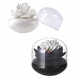 JforSJizT 2pcs Lotus Cotton Swab Holder,Q-Tips Toothpicks Canisters Holder with Clear Lid Dustproof Cover,Cotton Bud Brushes Holder Box Case Storage Organizer Jar(Black + White