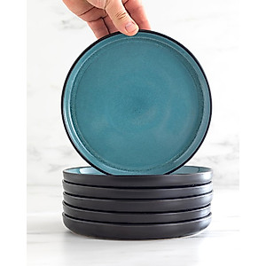 12 Piece Dinnerware Sets for 4 - Modern Style Stoneware Dinnerware Set - Scratch Resistant, Dishwasher Safe Plates and Bowls Sets Ceramic, Dish Set, Bowl and Plate Set - Black and Petrol Blue…