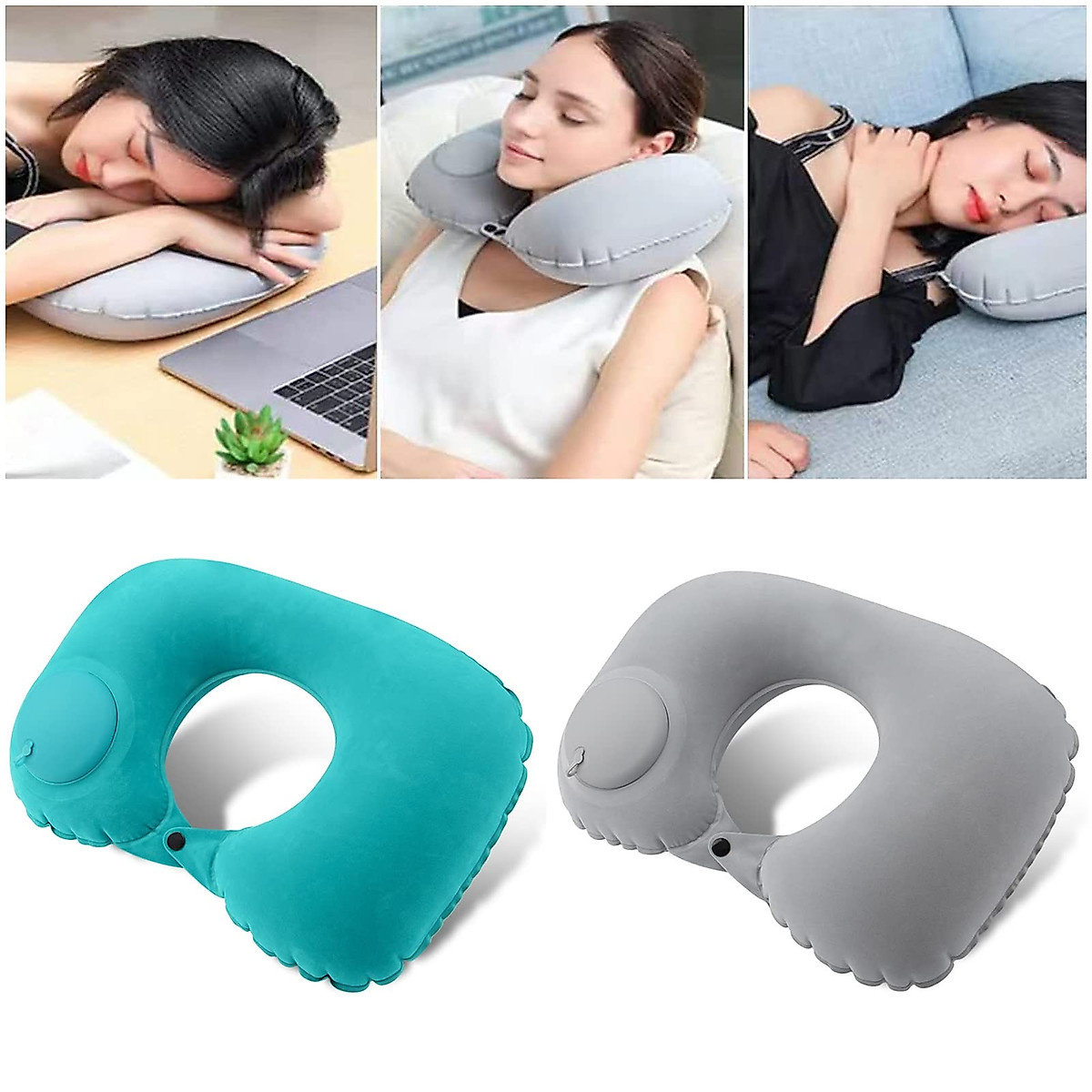Altsuceser 2Pcs Inflatable Travel Pillow Neck Pillow for Travel, Compact Portable U-Shape Head Neck Support Cervical Cushion for Car Airplane Train Travel Office Napping Grey & Green