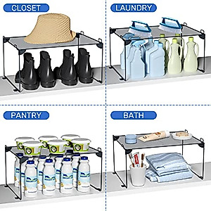 Neudeco Stackable Cabinet Shelf Organizer - 2 Pack Metal Mesh Stacking Shelves for Kitchen, Closet, Bathroom, Countertop and Cabinet -Gray