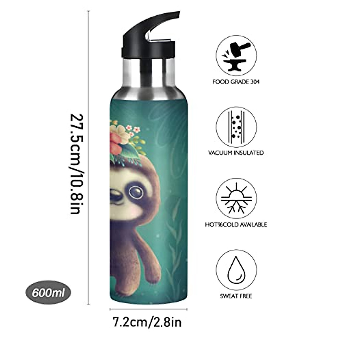 senya Water Bottle Stainless Steel with Straw Lid Kids Thermos Bottle Water Flask for Sport Office Gym Outdoor School 20 oz (Sloth Garland)
