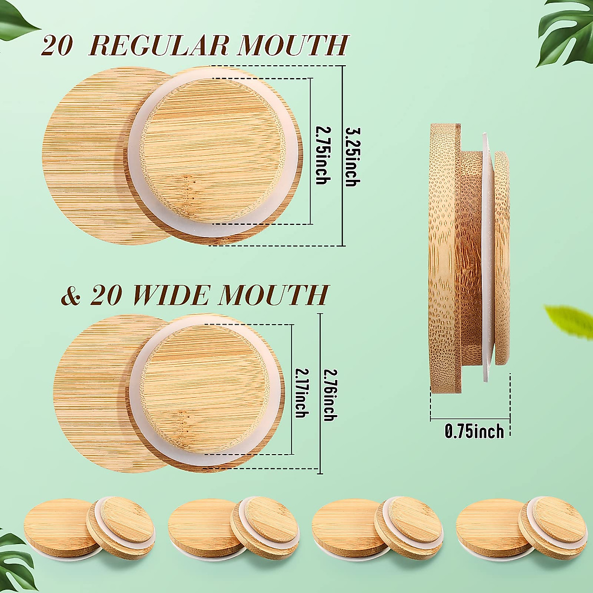 40 Pieces Bamboo Mason Jar Lids Storage Canning Jar Lids 20 Pcs Regular Mouth 20 Pcs Wide Mouth Wooden Mason Jar Lids Reusable Bamboo Lids for Mason Jars for Home Kitchen, 2 Sizes