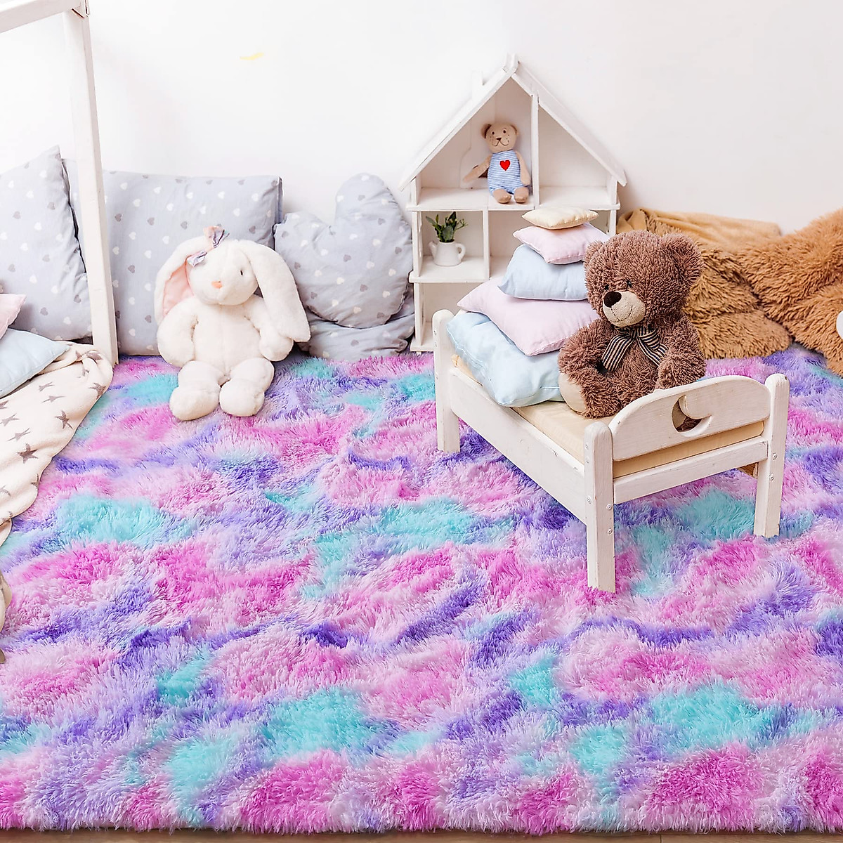 Chicrug Cute Fluffy Area Rug for Girls Bedroom, 5x8 Feet Fluffy Kids Rug for Room Decor, Shag Soft Dorm Playroom Rug, Bedside Rug for Baby Nursery Room, Hot Pink
