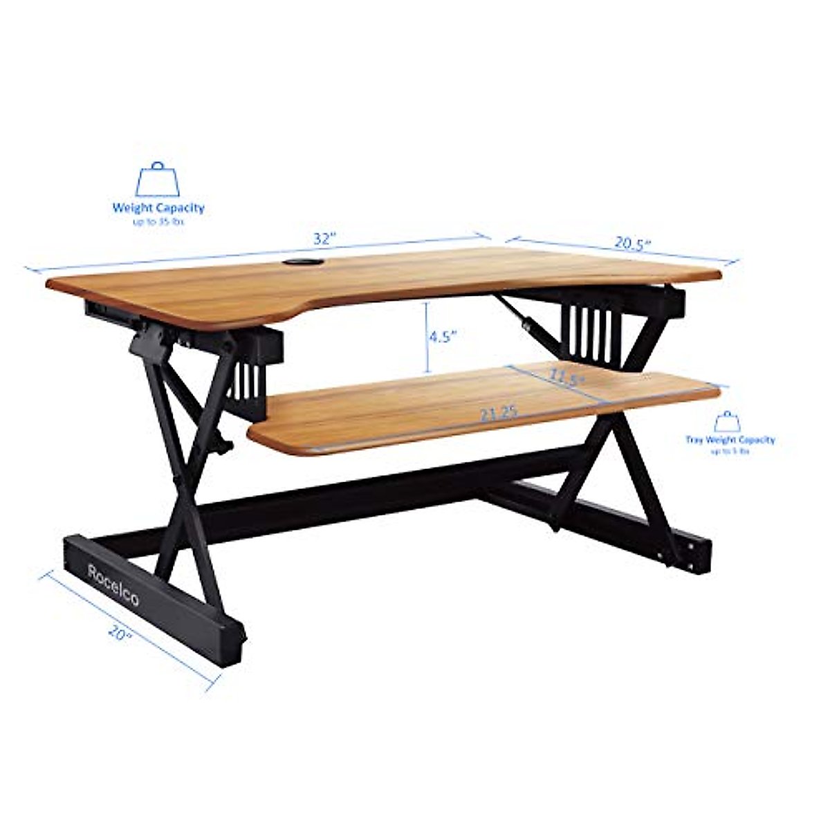 Rocelco 32" Height Adjustable Standing Desk Converter - Sit Stand Computer Workstation Riser - Dual Monitor Retractable Keyboard Tray Gas Spring Assist - Teak Wood Grain (R EADRT)