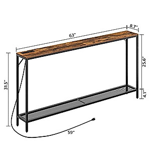 ALLOSWELL 63” Sofa Table with Power Outlets, 2-Tier Console Table with Charging Station, Couch Table, Narrow Long Behind Sofa Table, for Living Room, Entryway, Foyer, Rustic Brown and Black CTHR22E01