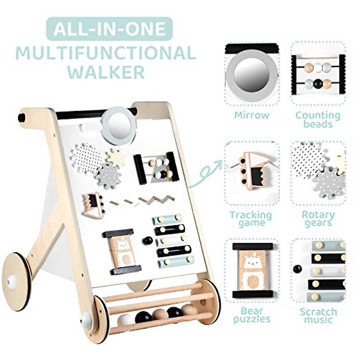 Beright Wooden Baby Walker with Roller, Push and Pull Learning Activity Walker, Multi-Functional Kids’ Activity Toy, Multiple Activities Center, Develops Motor Skills & Stimulates Creativity