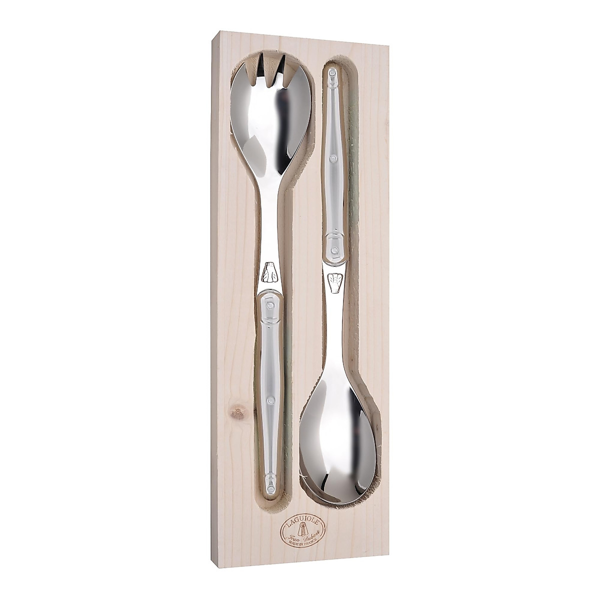 Jean Dubost Salad Servers, Stainless Steel Handles - Rust-Resistant Stainless Steel - Includes Wooden Tray - Made in France