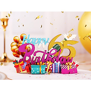 Liif Happy 65Th Birthday 3D Greeting Pop Up Card, Happy Birthday Card For Women, Men, Funny, 65 Years Old, Balloon, Champagne, Celebration - With 65 Gold Glitter & Message Note