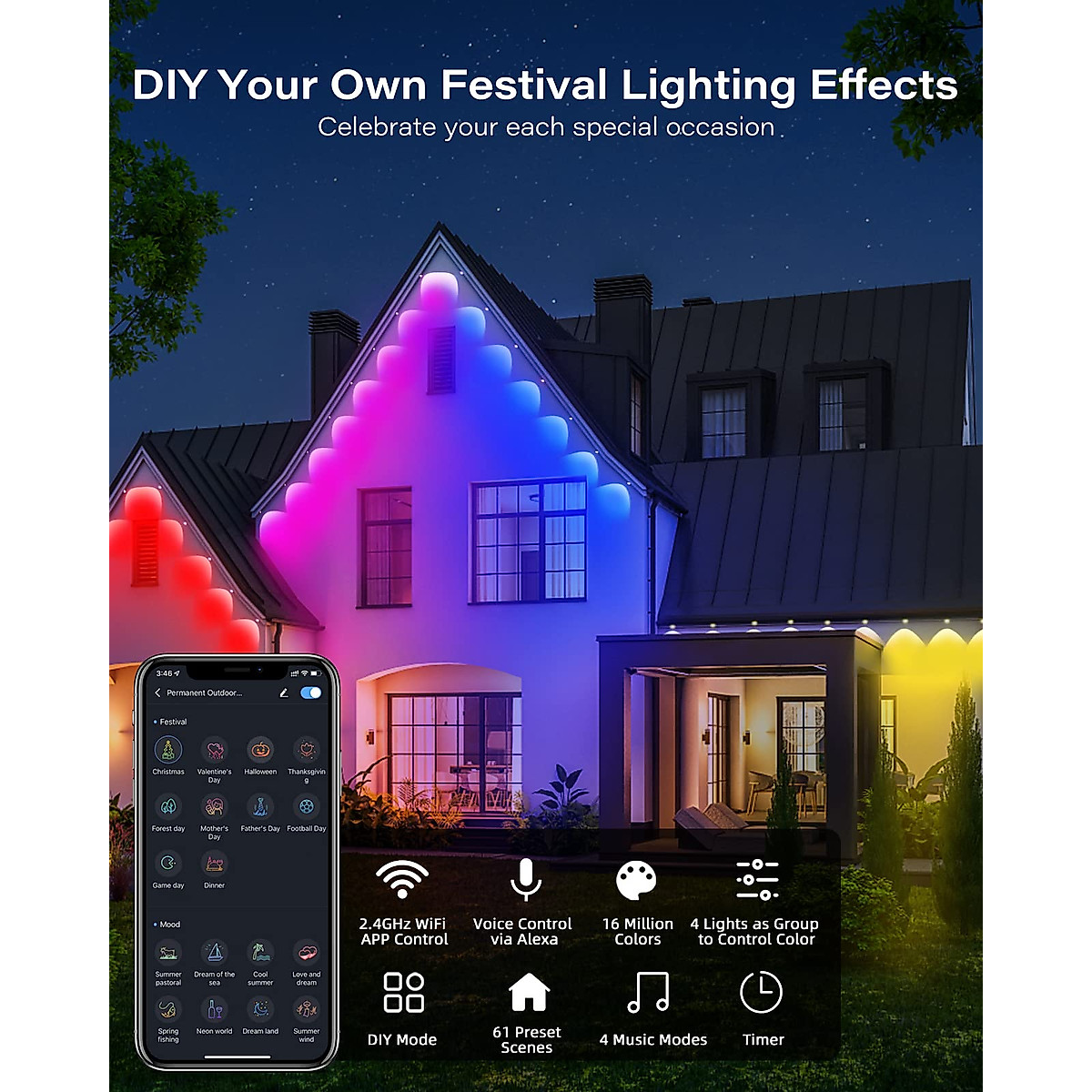 ASAHOM Permanent Outdoor Lights, 100ft Smart RGB Outdoor Lights Alexa with 70 Preset Scenes, IP67 Waterproof 72 LED Eaves Lights for Holiday Decor, Party, Daily Lighting, Smart APP & Voice Control