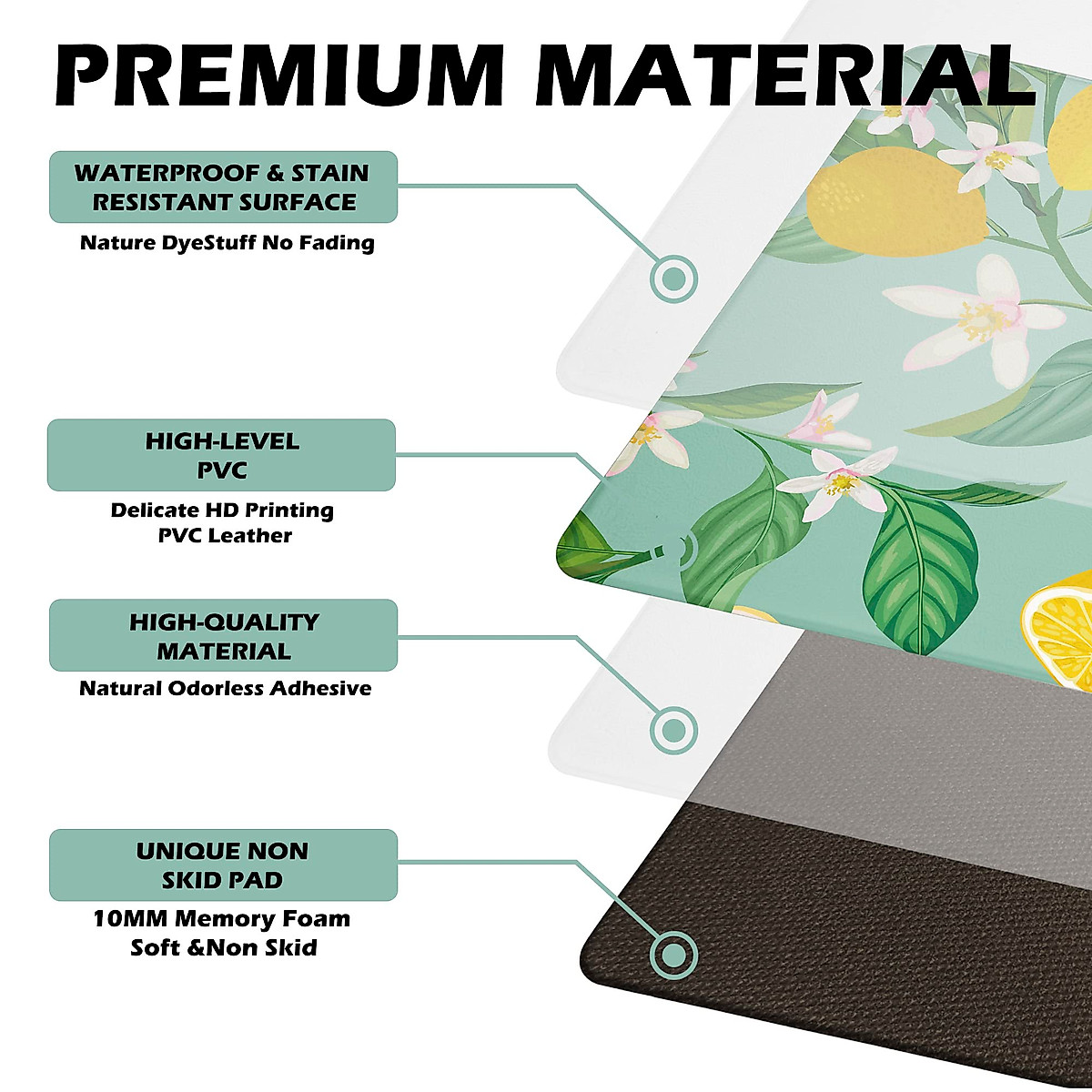 Lemon Kitchen Mat Set 2 PCS Anti Fatigue Lemon and Leaf Kitchen Rugs Waterproof Cushioned PVC Leather Runner Rug Non Slip Comfort Standing Floor Mats for Kitchen, Home, Sink 17.3" x 28" + 17.3" x 47"