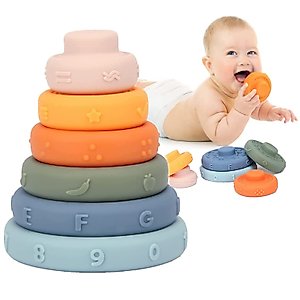 Soft Silicone Stacking Blocks for Toddlers, Stacking Rings Baby Toys, Montessori Toys for Babies, Baby Teething Toys for Newborn with Different Letter, Animal and Shape, BPA Free and Soft, 6PC